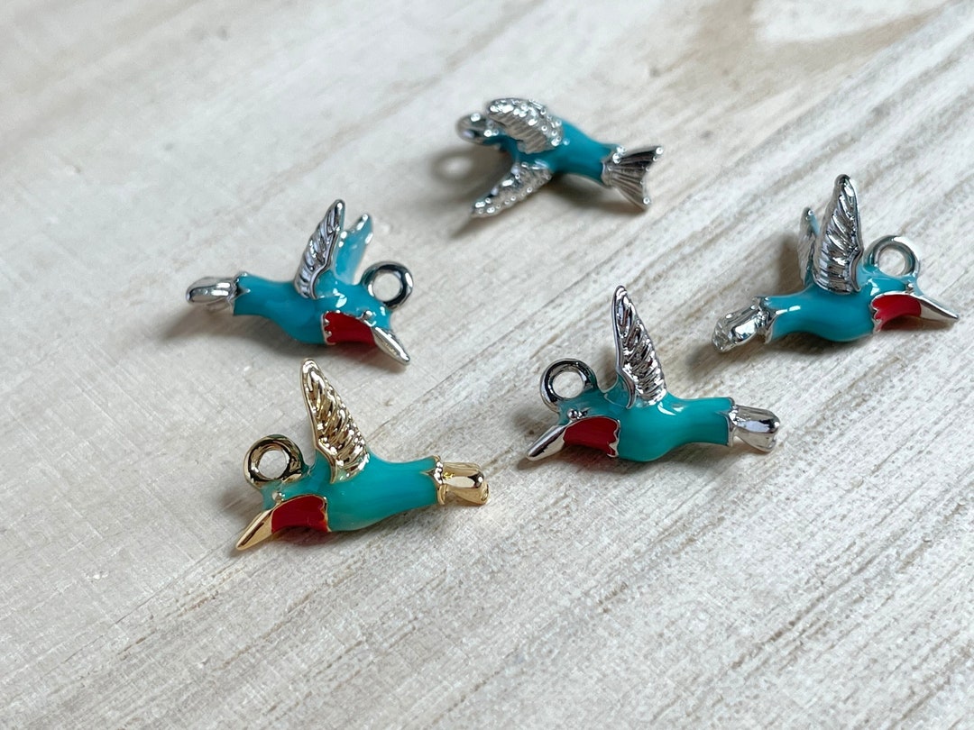 Hummingbird Charm, Tiny Blue Enamel Bird Charm, Silver / Gold Bird ...