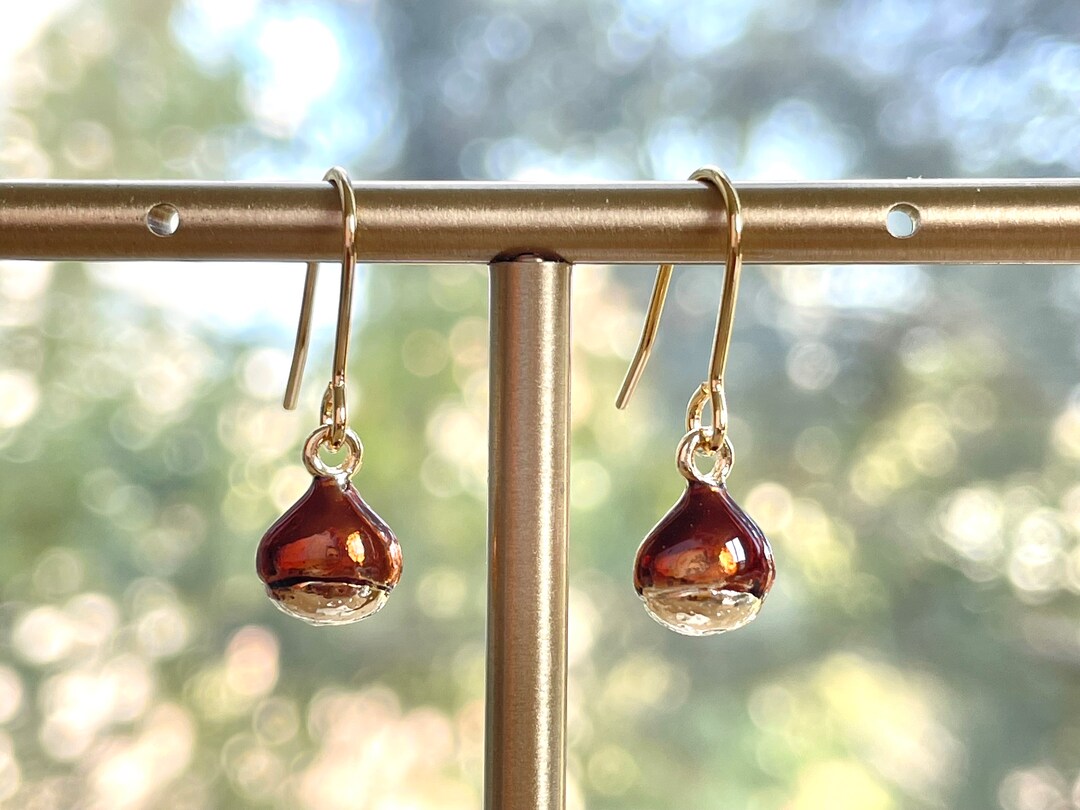 Chestnut Earrings, VERY TINY, Gold Plated, Brown Enamel Chestnut ...