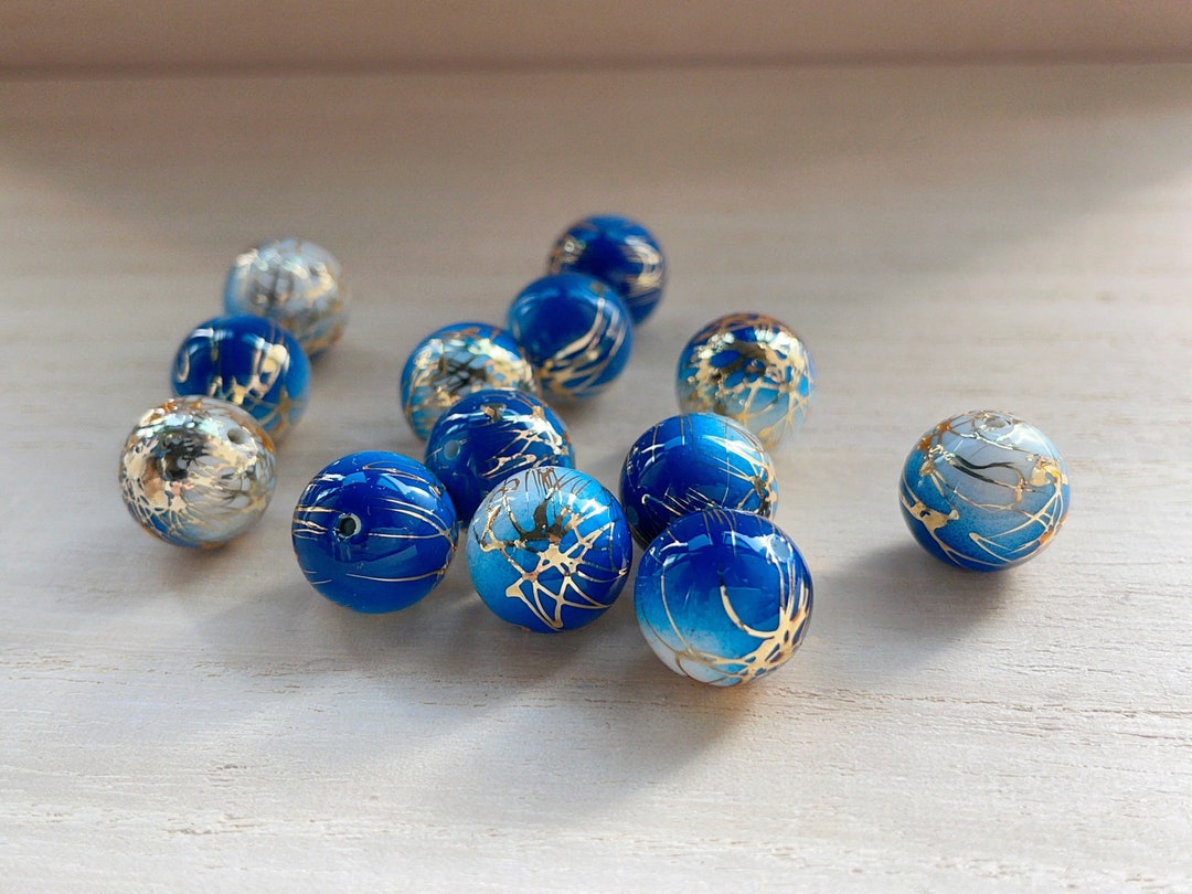 Japanese Arabesque Beads: 8-14mm, Gold Line on Dark Blue Beads (2 Pcs ...