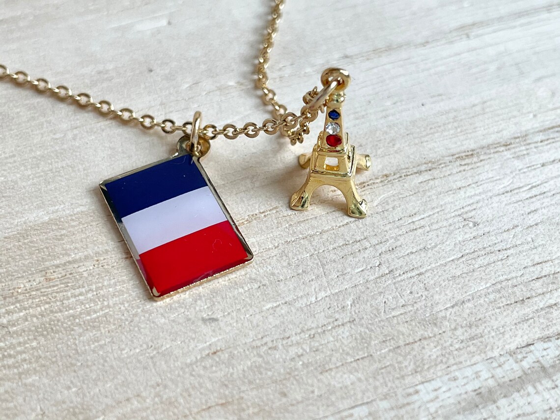 French Flag & Eiffel Tower Necklace, Gold Plated, Enamel, Travel ...
