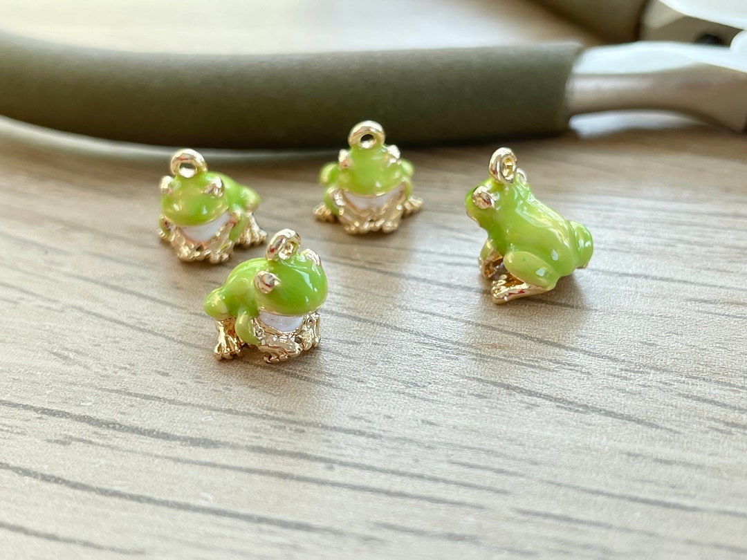 Frog Charm, Gold Plated, Green Enamel Frog Charm With Leaf, Dainty ...