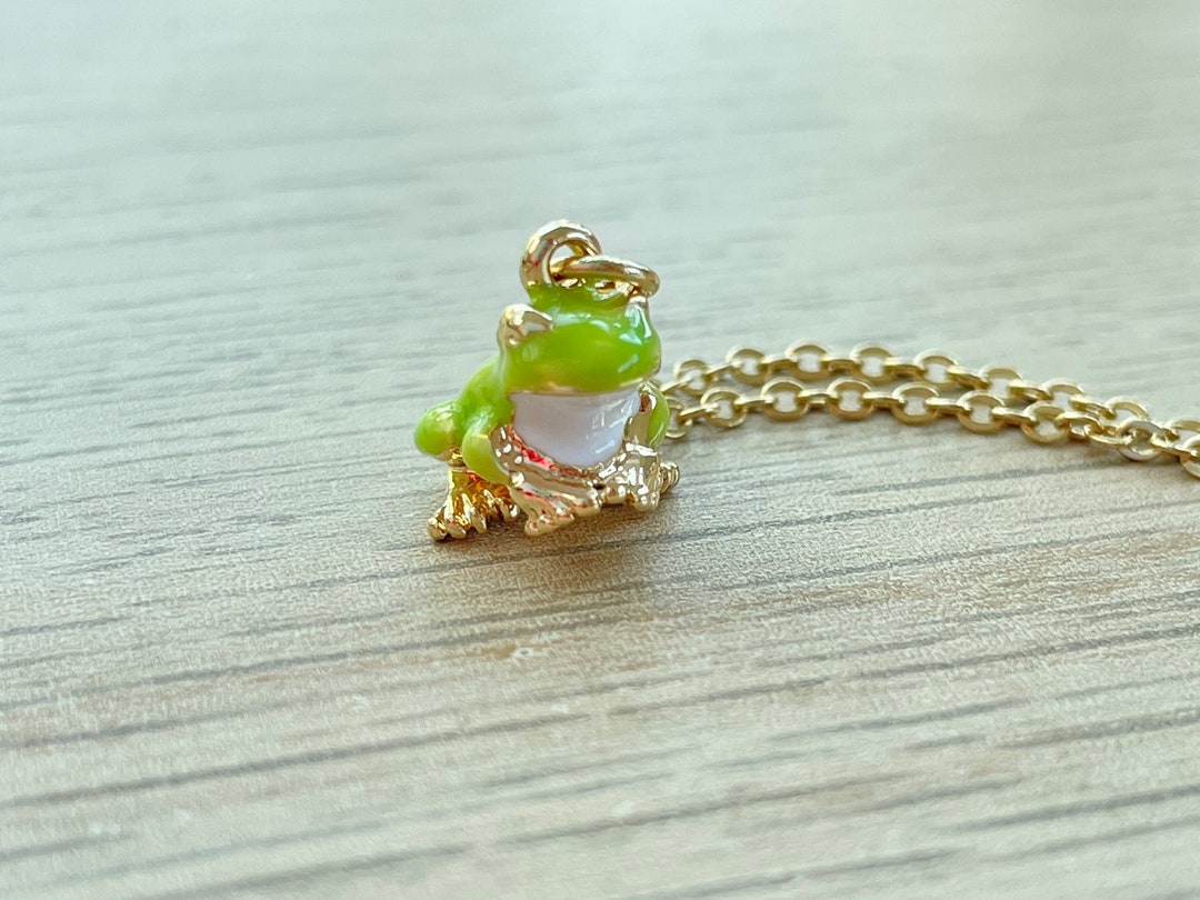 Frog Necklace, Gold Plated, Green Enamel Frog Charm, Dainty, Cute ...