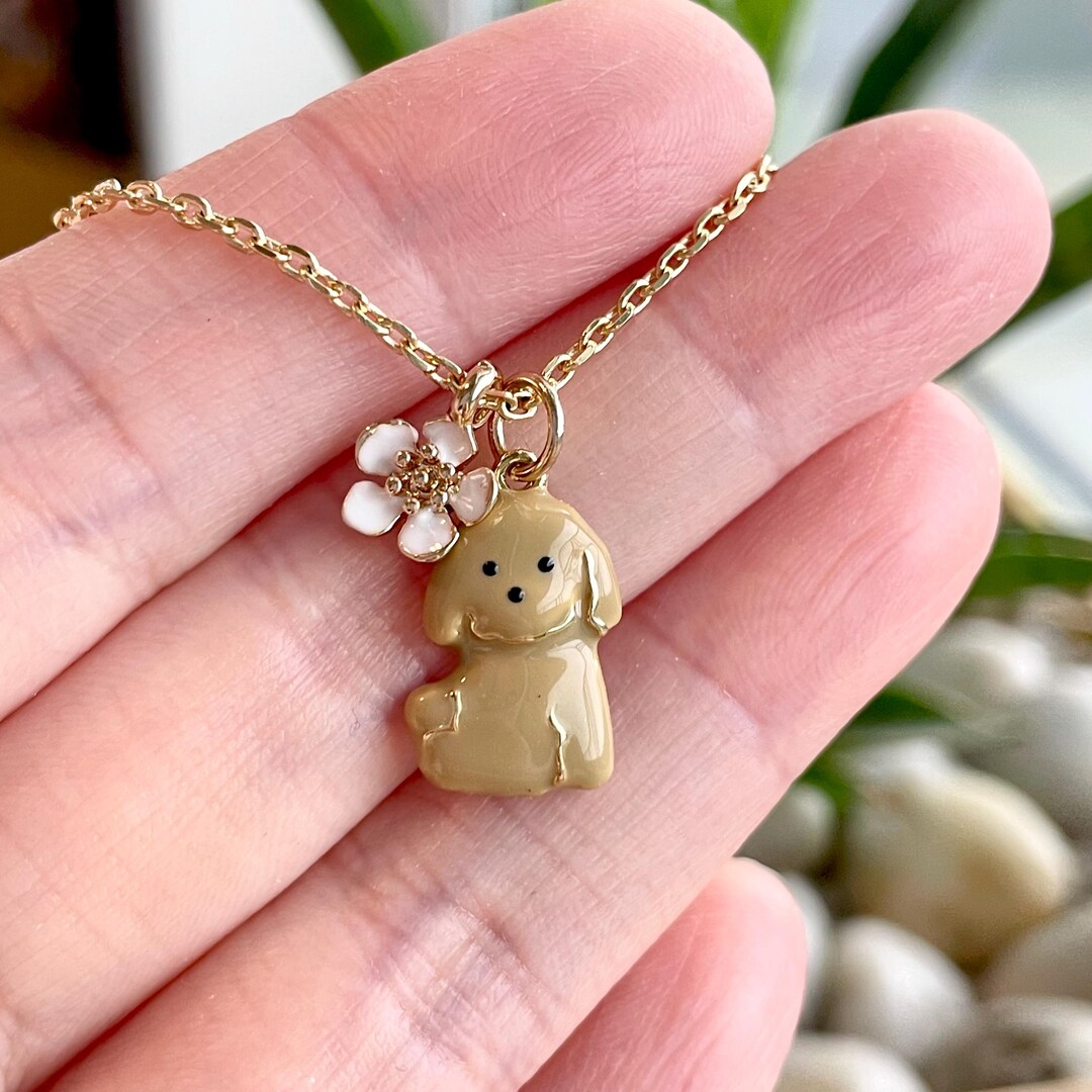 Tiny Poodle Necklace With Forget Me Not Flower, Gold Plated Brown ...