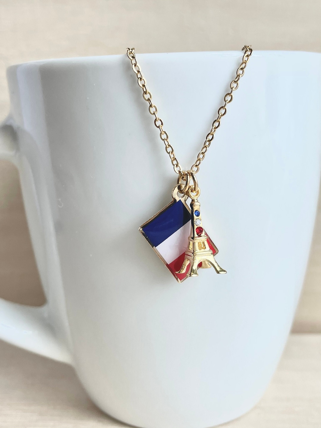 French Flag & Eiffel Tower Necklace, Gold Plated, Enamel, Travel ...