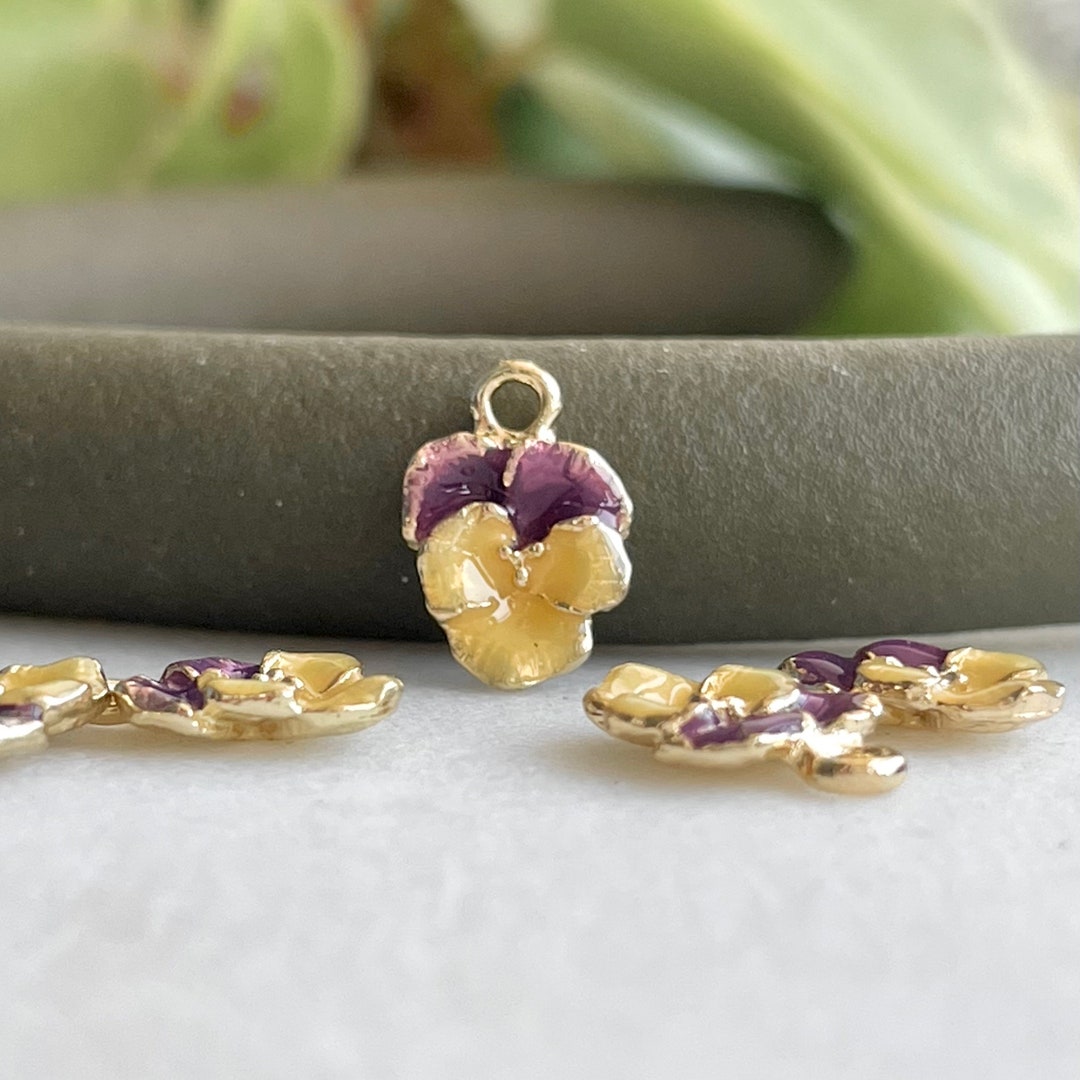 Tiny Pansy Charm (1pc): 7.5x6.5mm, Gold Plated Purple Yellow Enamel ...