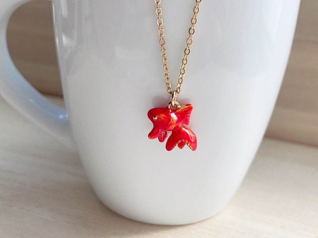 Fish Necklace, Goldfish Necklace, Gold Plated, Red Enamel, Cute, Kawaii ...