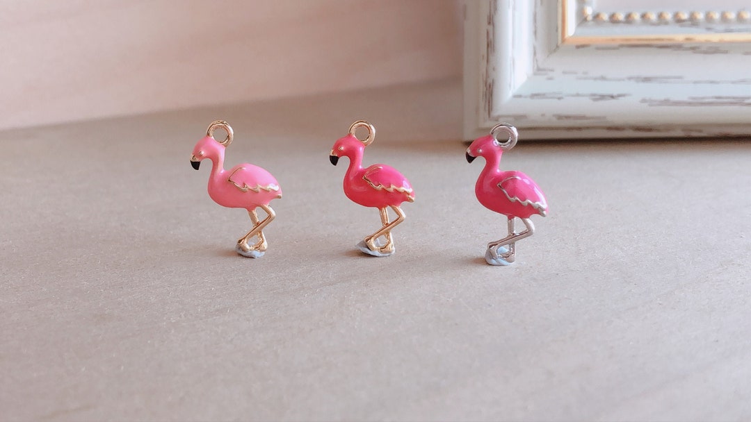 Tiny Flamingo Charm: Gold / Silver Plated Pink Enamel Bird Animal ...