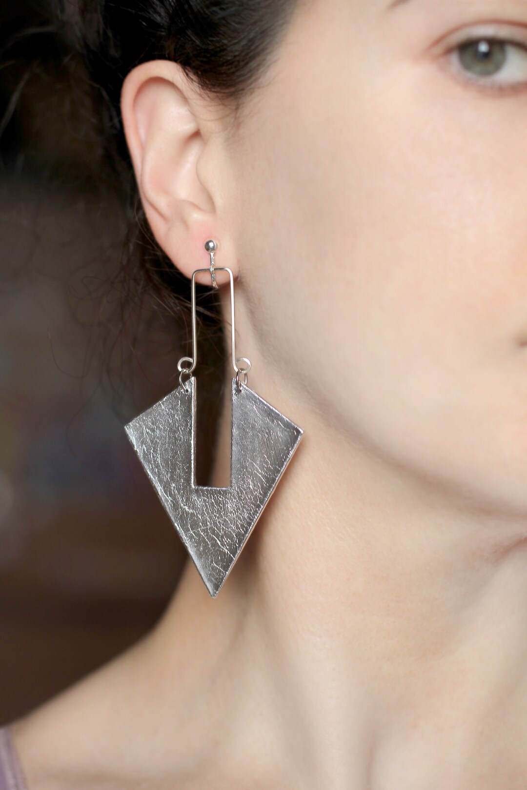 Long Triangle Earrings in Silver Color Clip on Dangles for Bold Women ...