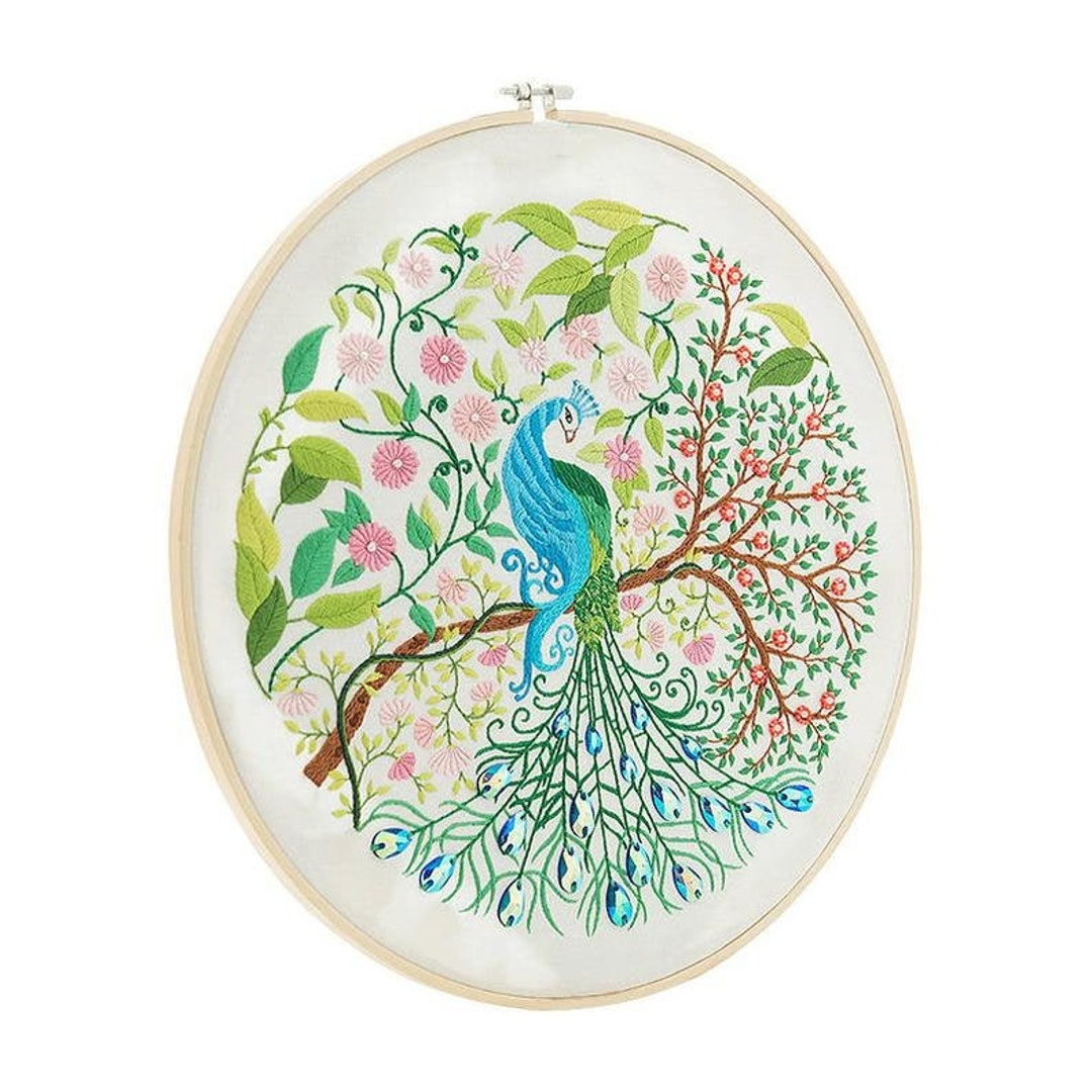 Hand Embroidery Full Kit DIY Craft|green Peacock Embroidery Kit Full ...