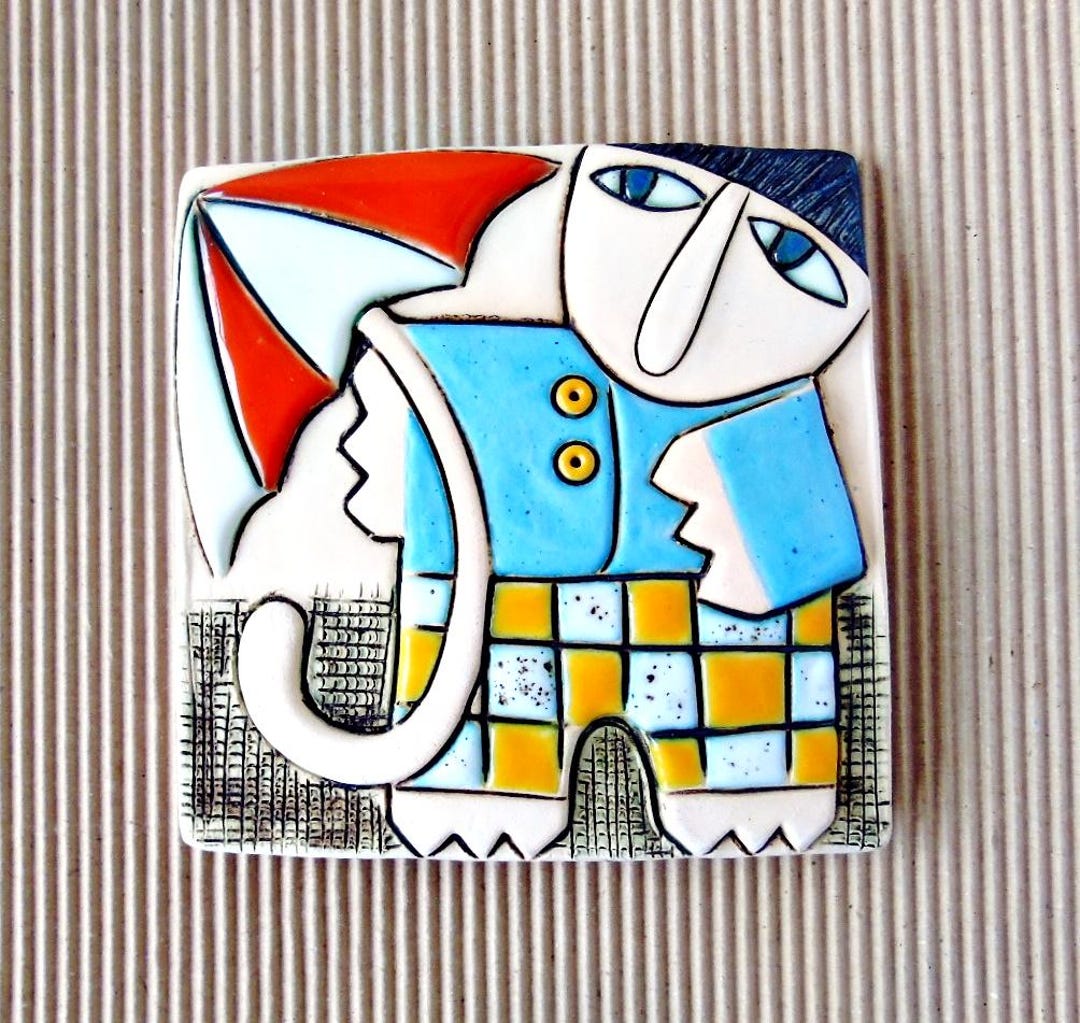 Handmade Ceramic Tile – Whimsical Character With Umbrella – Colorful ...