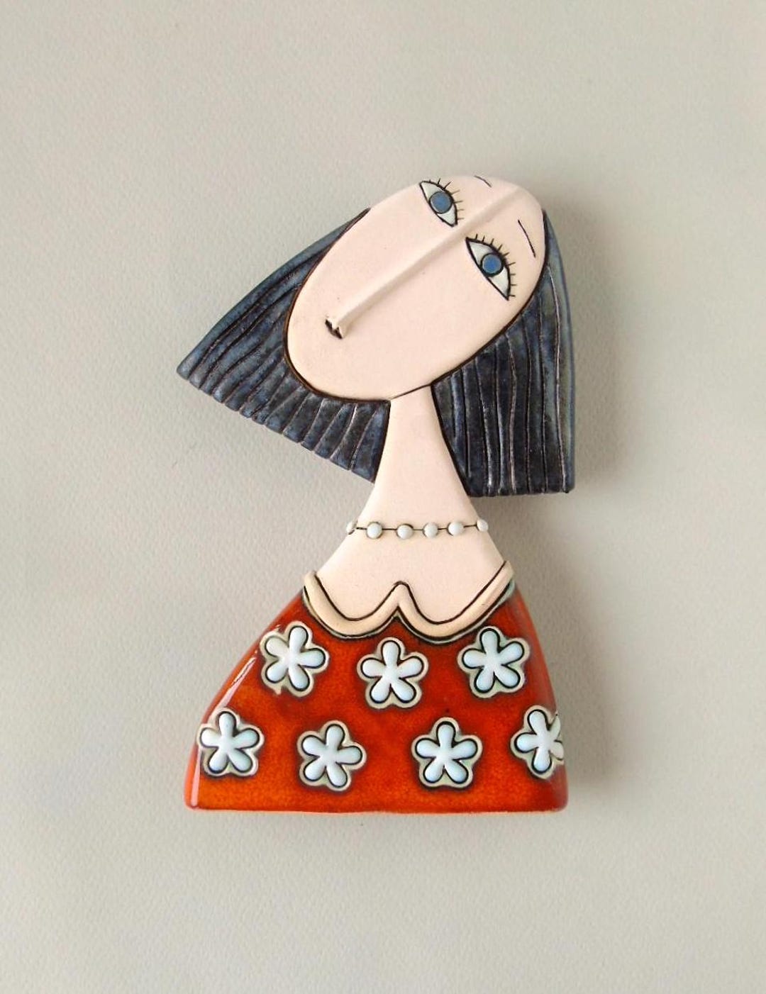Whimsical Woman Wall Art – Handmade Ceramic Girl With Red Dress ...