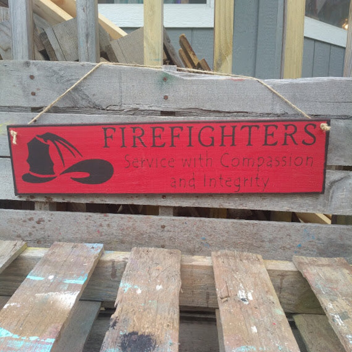 Firefighters, Service With Compassion and Integrity Sign. Fire Fighters ...