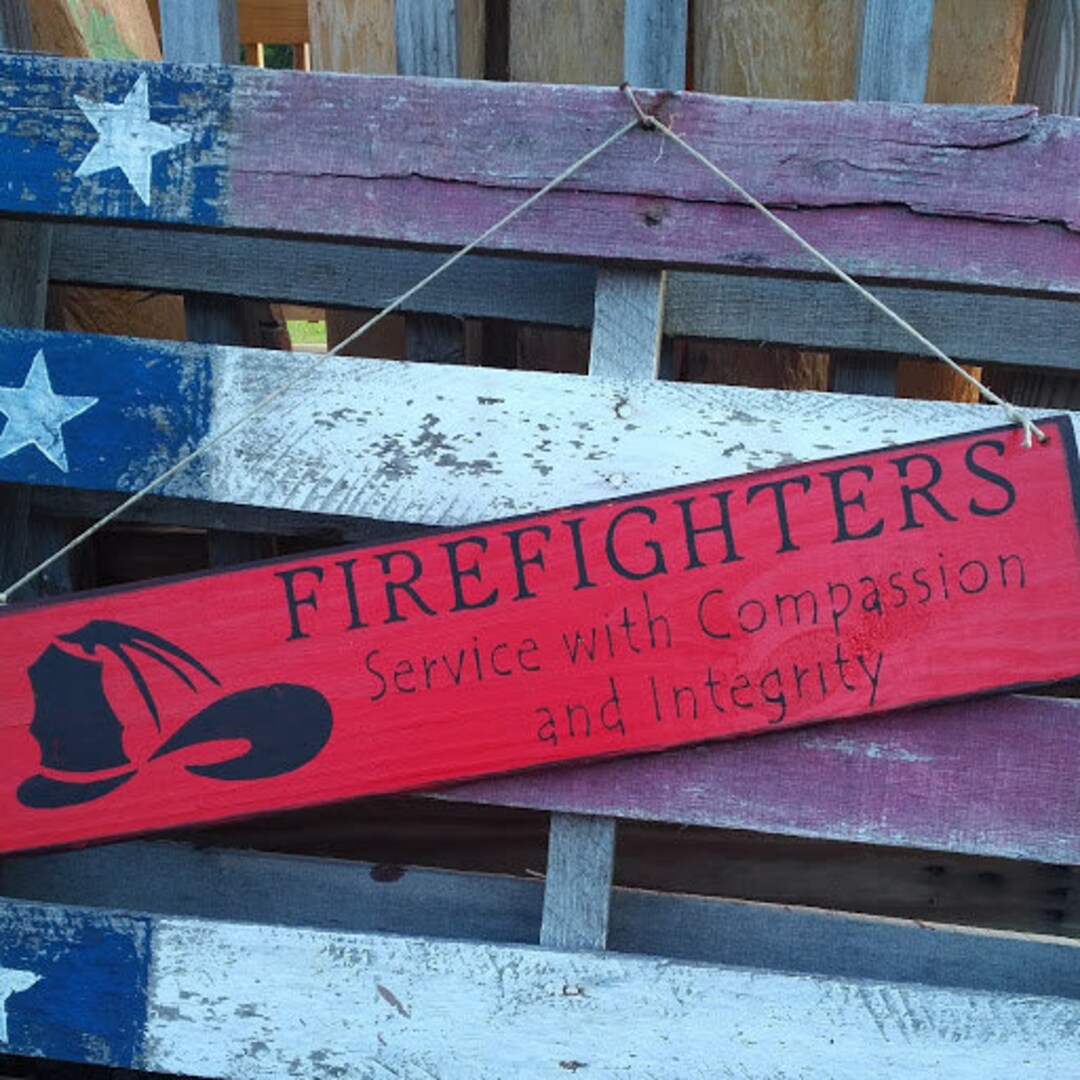 Firefighters, Service With Compassion and Integrity Sign. Fire Fighters ...