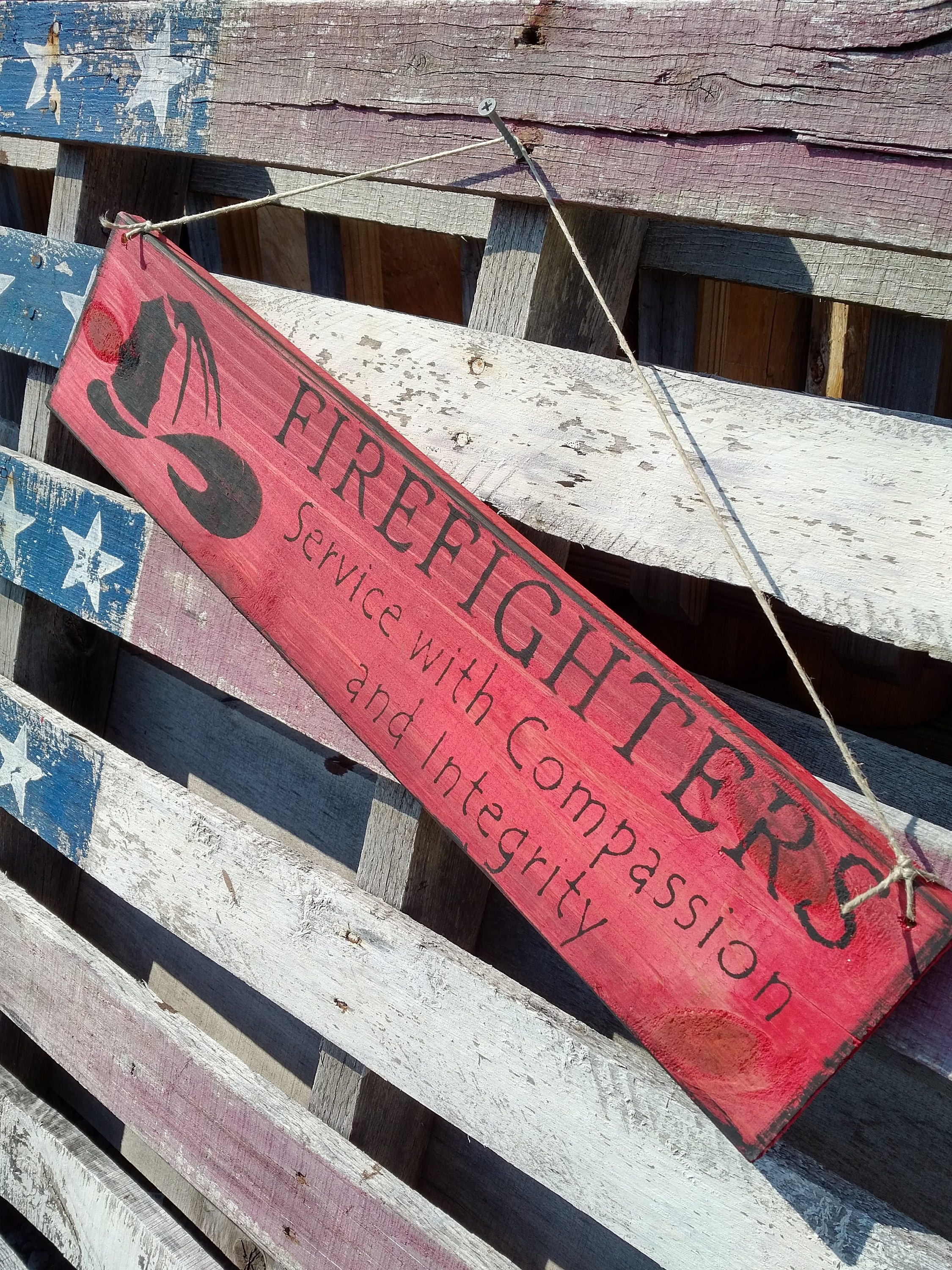 Firefighters, Service With Compassion and Integrity Sign. Fire Fighters ...