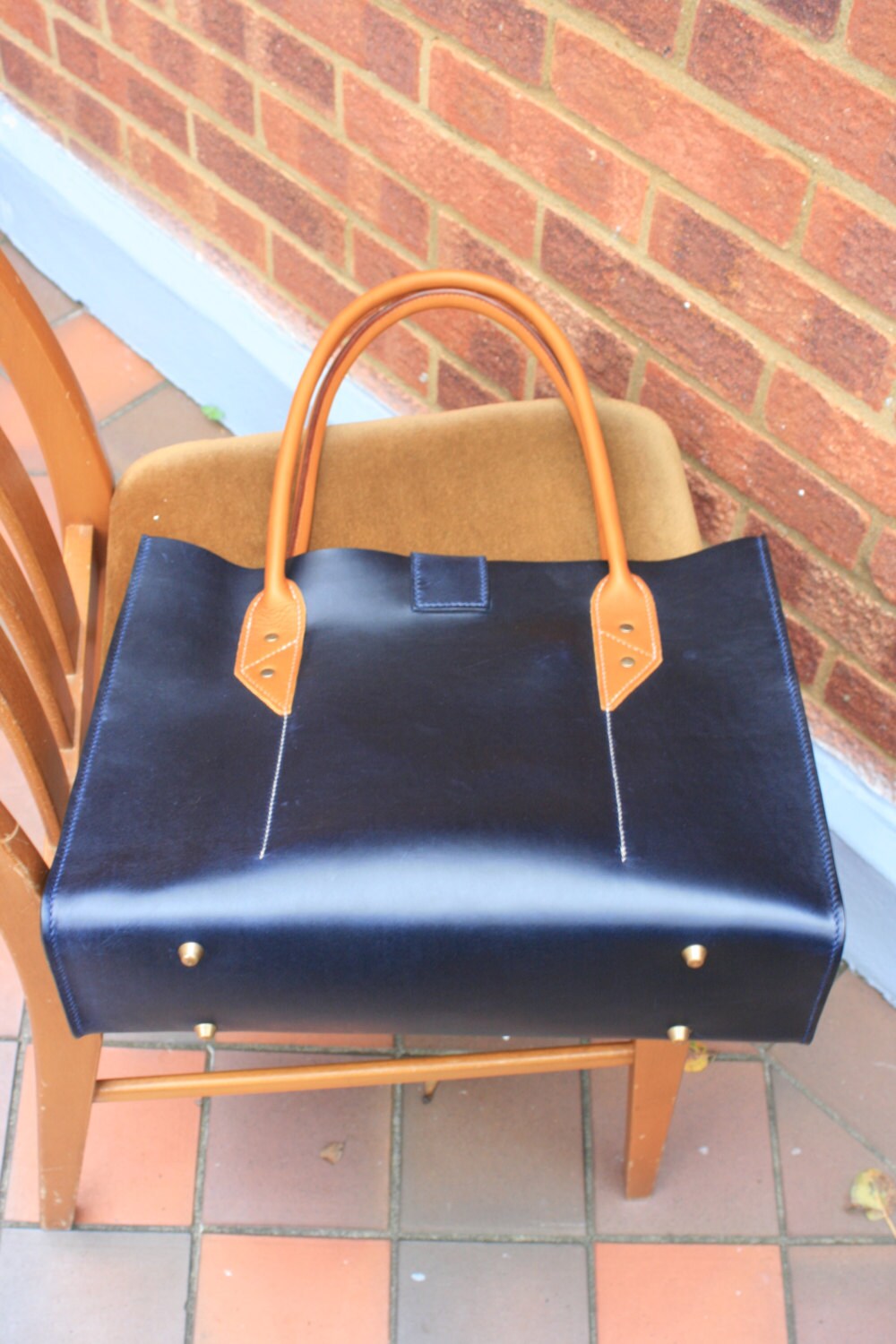 Hand-stitched Navy Blue Leather Tote - Etsy