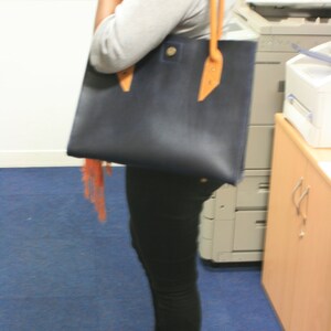 Hand-stitched Navy Blue Leather Tote - Etsy