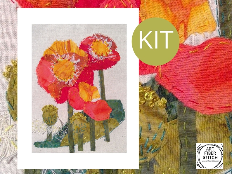 Poppies Slow Stitching Kit: Beginner Embroidery Fabric Collage - Etsy