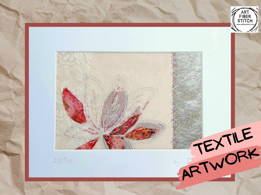 Lotus Textile Art: Slow Stitch Embroidery, Framed Fabric Artwork (8x10 ...