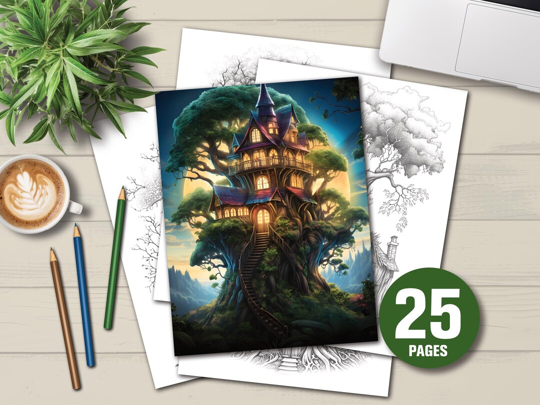 25 Enchanted Treehouse Coloring Pages, Instant Download, Printable PDF ...