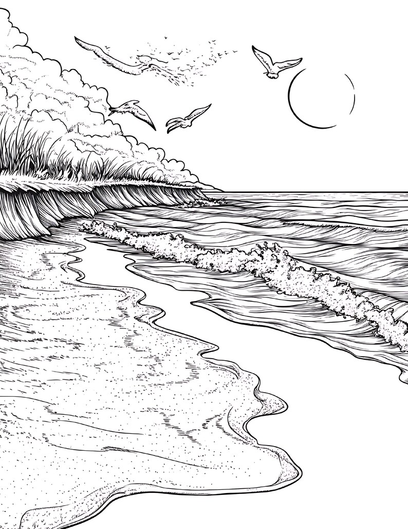 121 Ocean Beach Coloring Pages for Adult Kids, PNG, Instant Download ...
