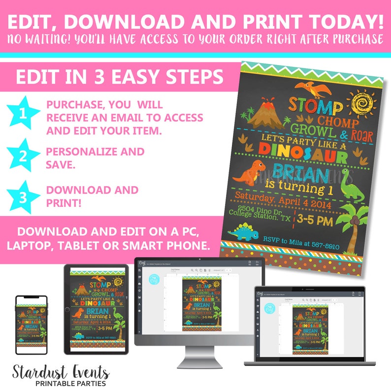 Editable Dinosaur Birthday Invitation | Stomp Chomp Roar Dinosaur Party ...