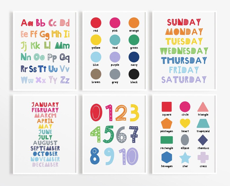 Alphabet Numbers Colors Days Shapes Art Print Instant | Etsy