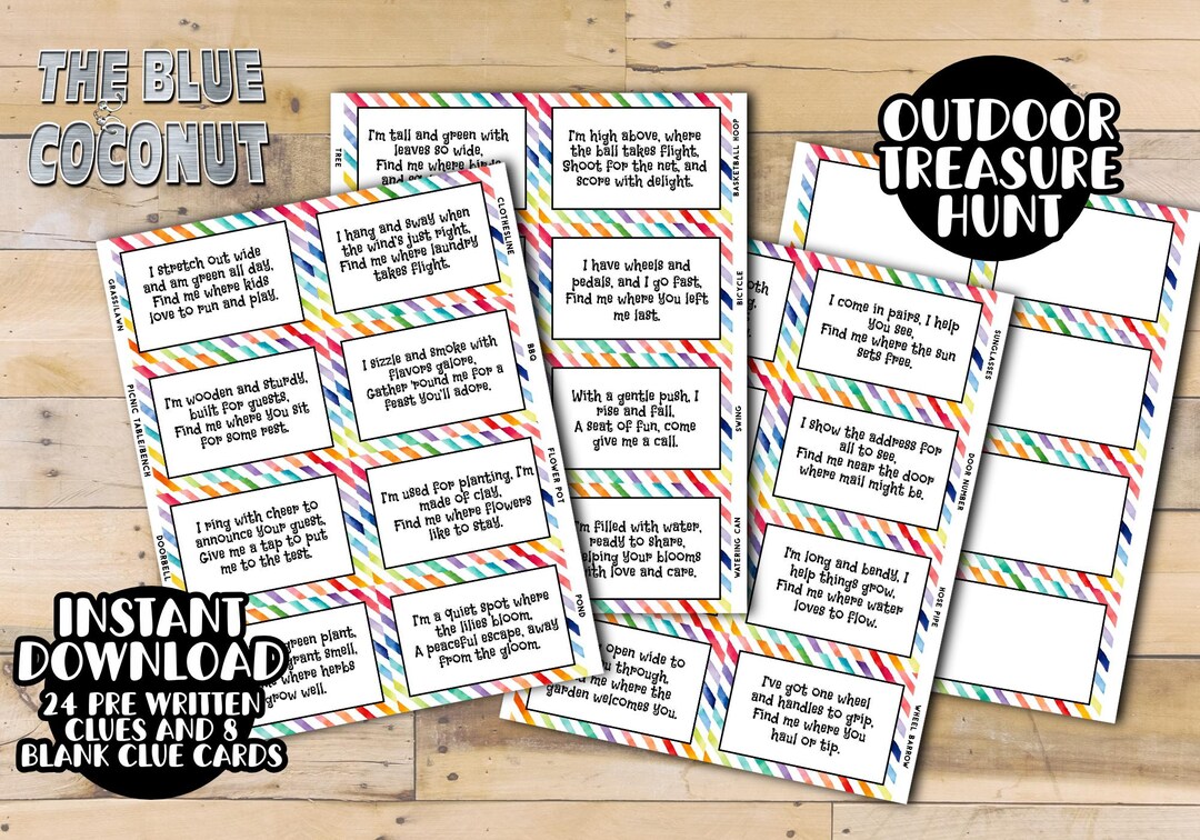 Rainbow Striped Treasure Hunt Game 36 Printable Clue Cards for Outdoor ...
