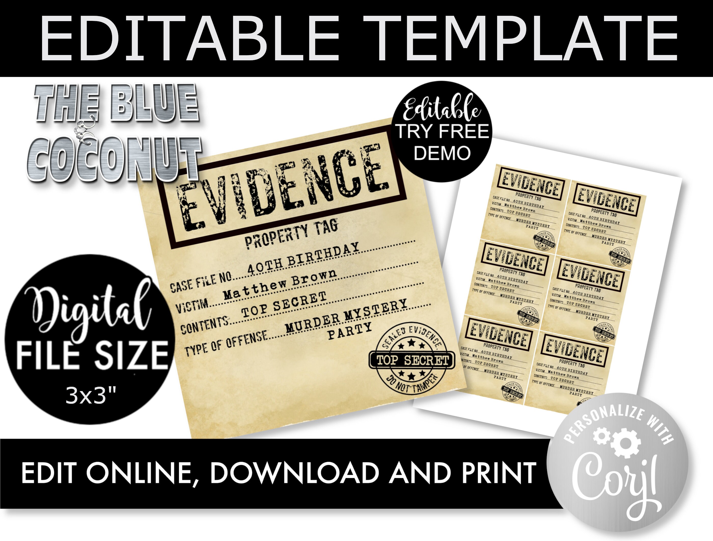 Editable Evidence Gift Tag, Fun Crime Labels, 3x3inch Favor Bag ...