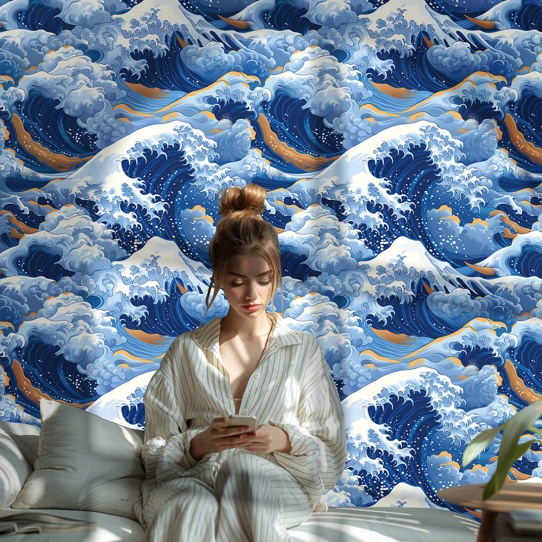 Oriental Vintage Wallpaper, Japanese Blue Wallpaper, Hokusai Waves ...