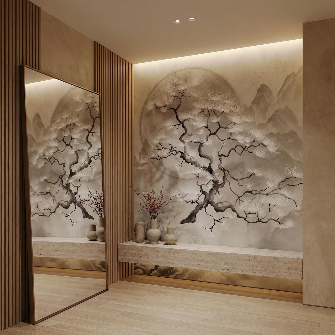 Japandi Pine Tree Mural: Asian Mountain Landscape Wall Mural, Zen ...