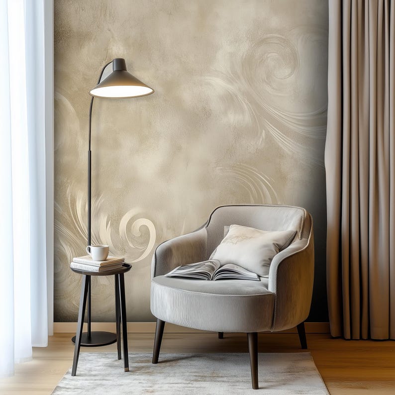 Venetian Plaster Texture Wallpaper Mural, Neutral Floral Design, Luxury ...