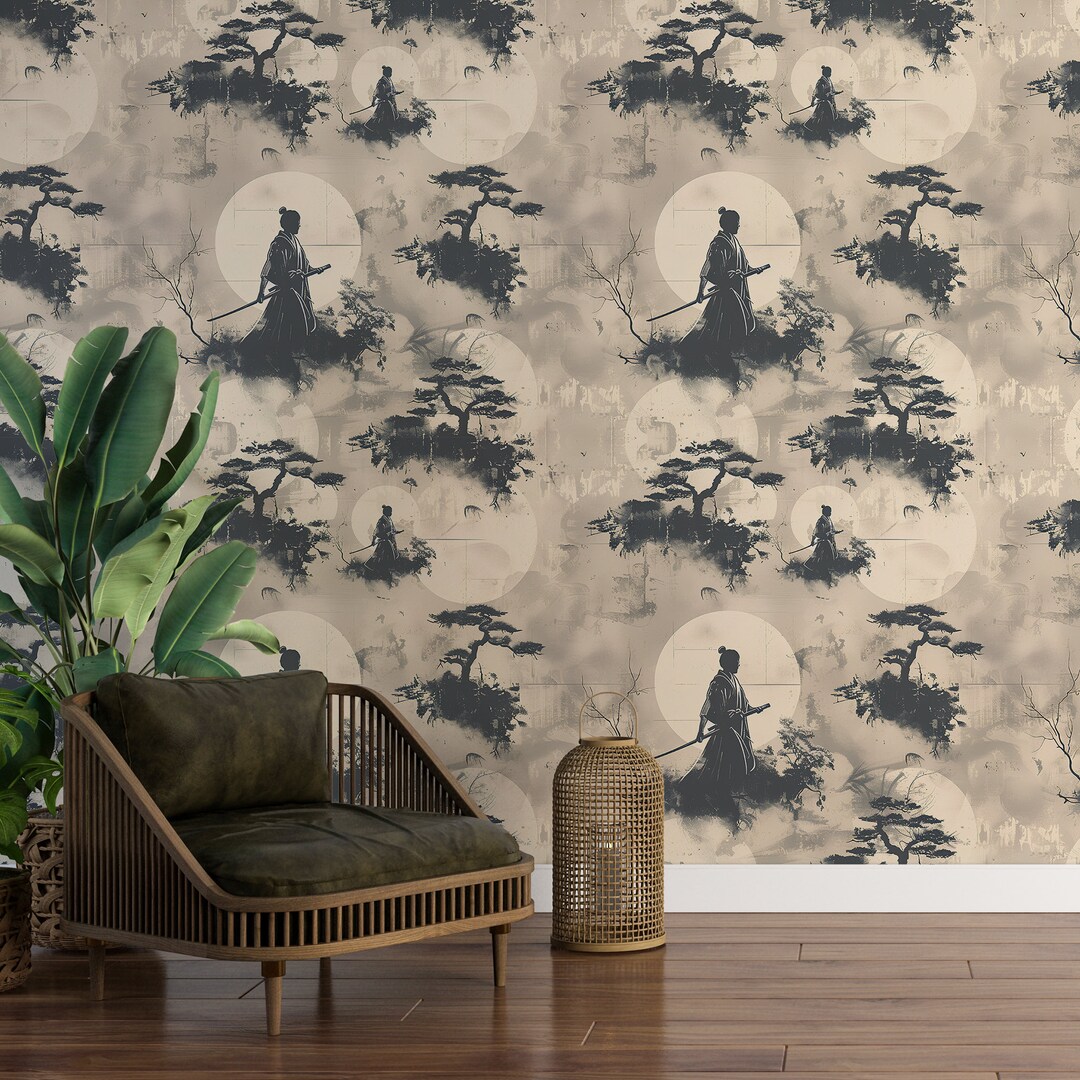 Beige Chinoiserie Samurai Wall Mural, Vintage Asian Peel and Stick ...