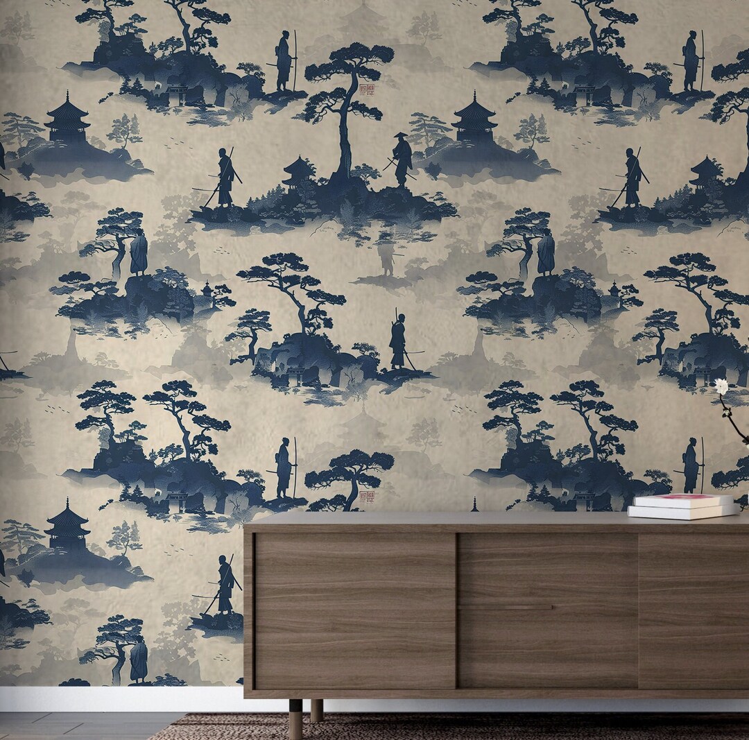 Blue Chinoiserie Samurai Wall Mural, Vintage Asian Peel and Stick ...