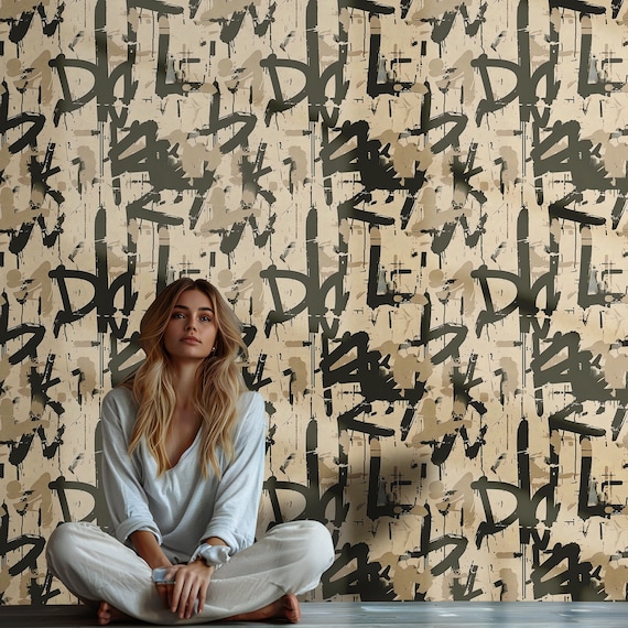 Graffiti Basquiat Print Wallpaper Sage Green Funky Wallpaper Basquiat Designer Wall Art Moody Wallpaper BM46 Etsy