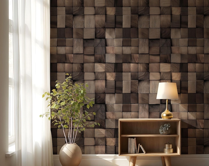 3D Wood Panel Wallpaper, Modern Rustic Wall Mural, Brown Wooden Cube ...