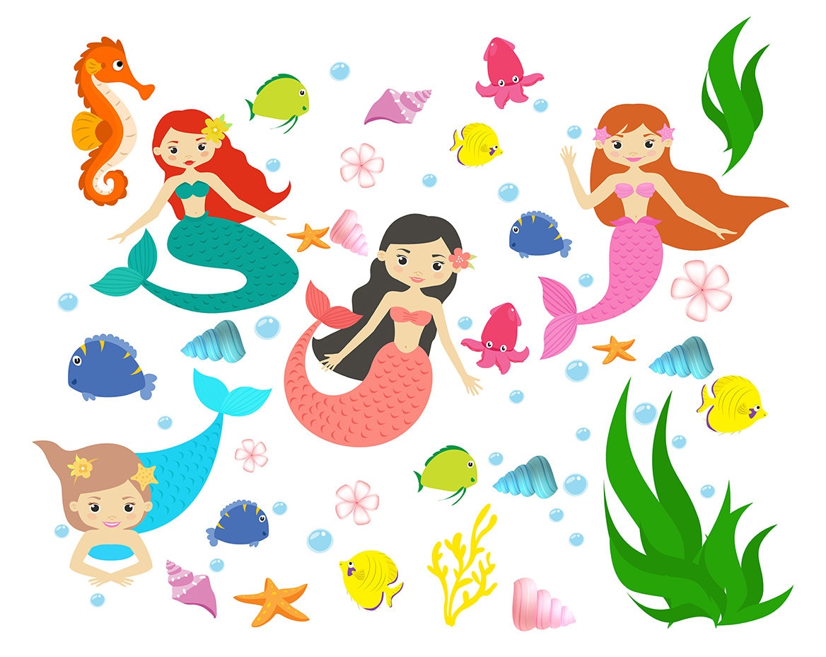 SALE MERMAIDS Clipart Set Sea Clip Art Fish PNG Little | Etsy