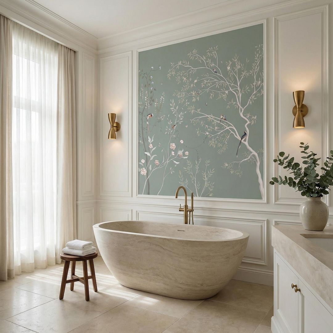 Bird Botanical Wallpaper: Sage Green Floral Wall Mural – WR89 - Etsy