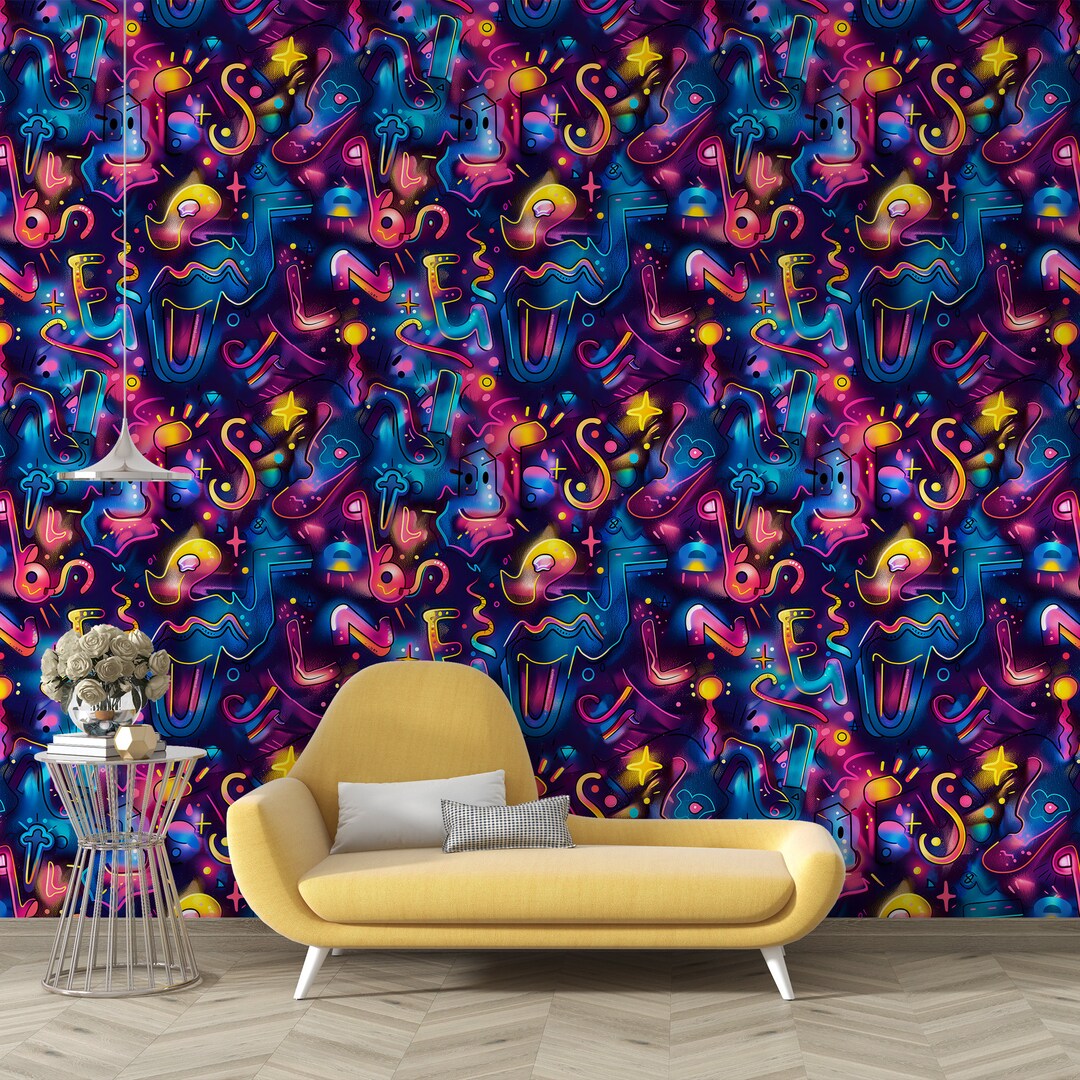 Abstract Neon Wall Mural Modern Funky Wallpaper Dark Purple Wall Decor ...