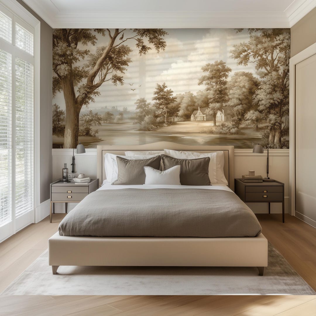 Elegant Farmhouse Wallpaper, Vintage Tapestry Landscape Wall Mural ...