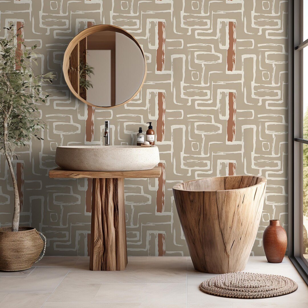 Abstract Earth Tone Wallpaper: Brushstroke Pattern Bathroom Decor, Peel ...