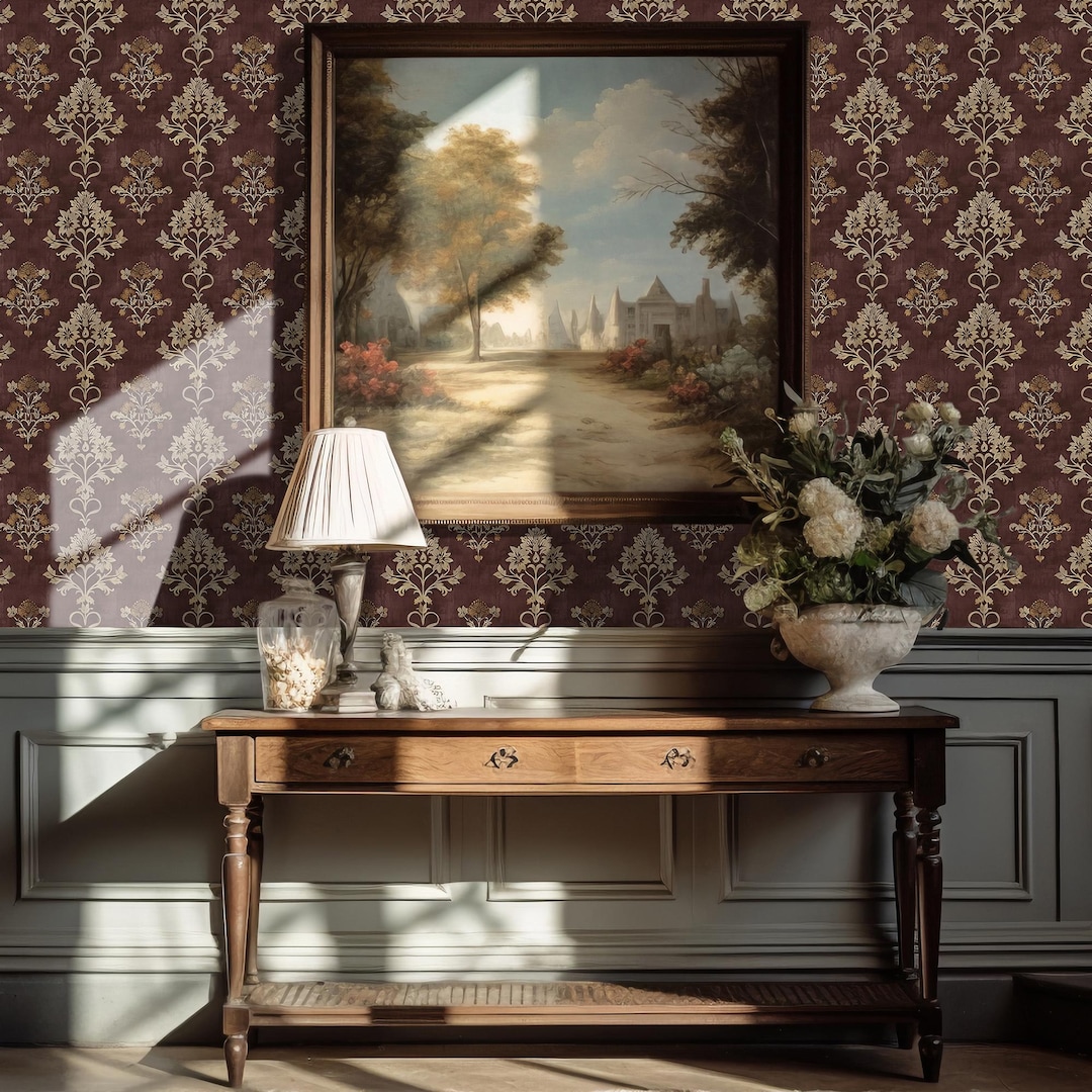 Red Bohemian Damask Removable Wallpaper, Vintage Cottage Decor, Renter ...