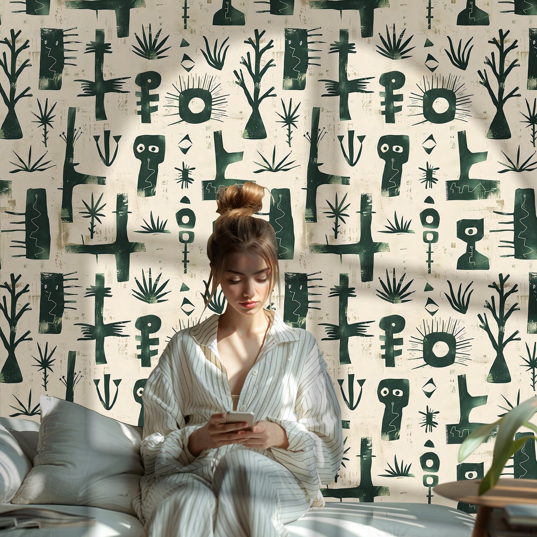 Abstract Graffiti Sage Green Wallpaper: Peel and Stick Mural - Etsy
