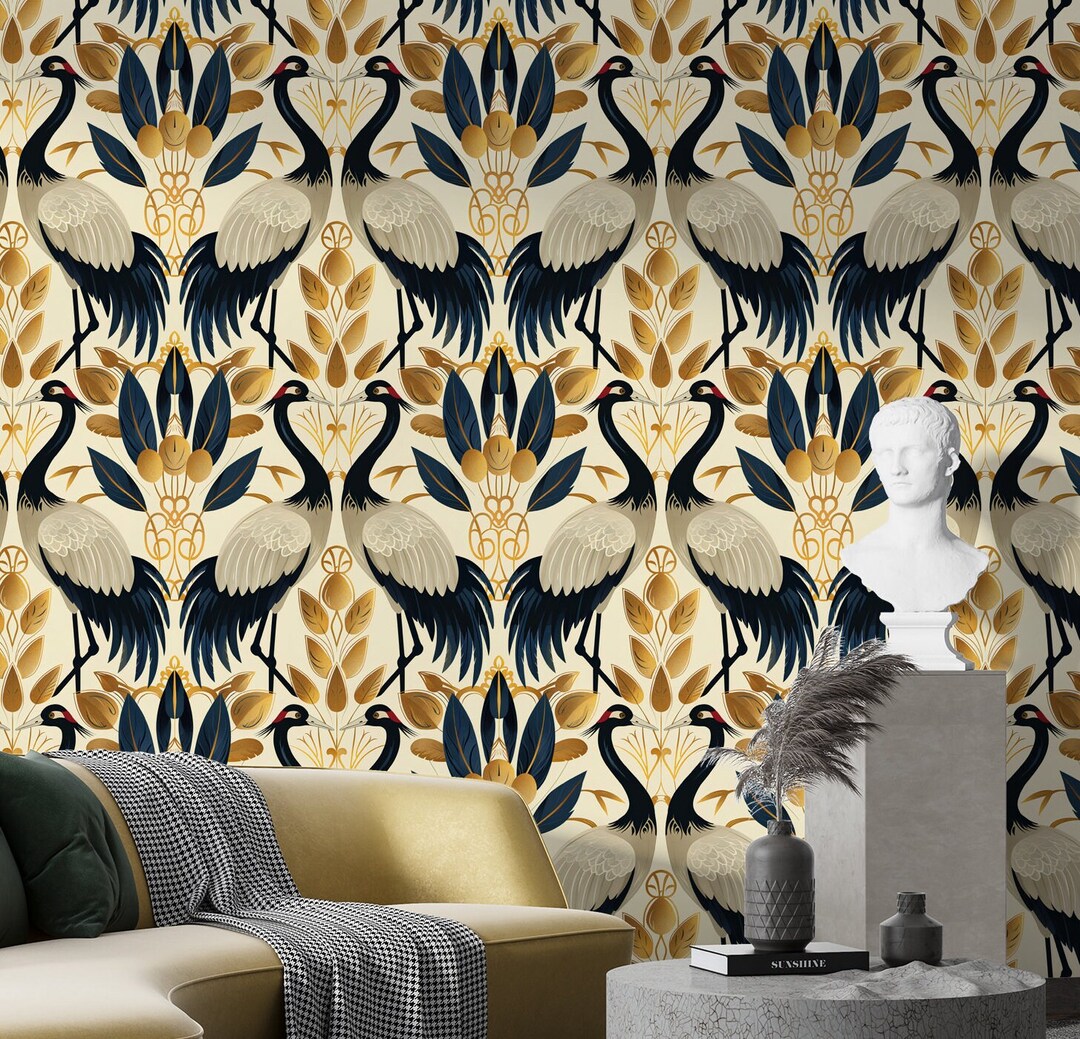 Art Deco Peel and Stick Wallpaper, Сrane Bird Wallpaper Mural, Bird ...