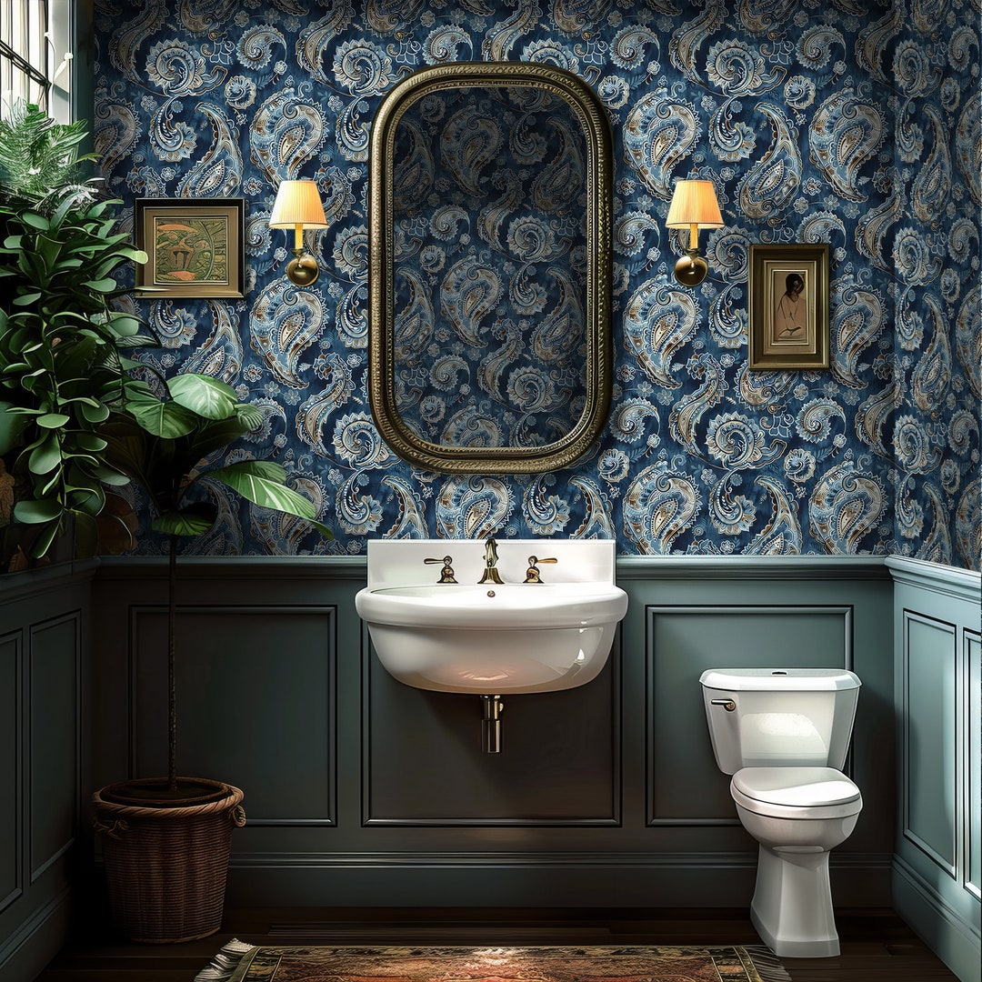 Navy Blue Retro Paisley Wallpaper Modern Art Deco Wallpaper Trendy ...
