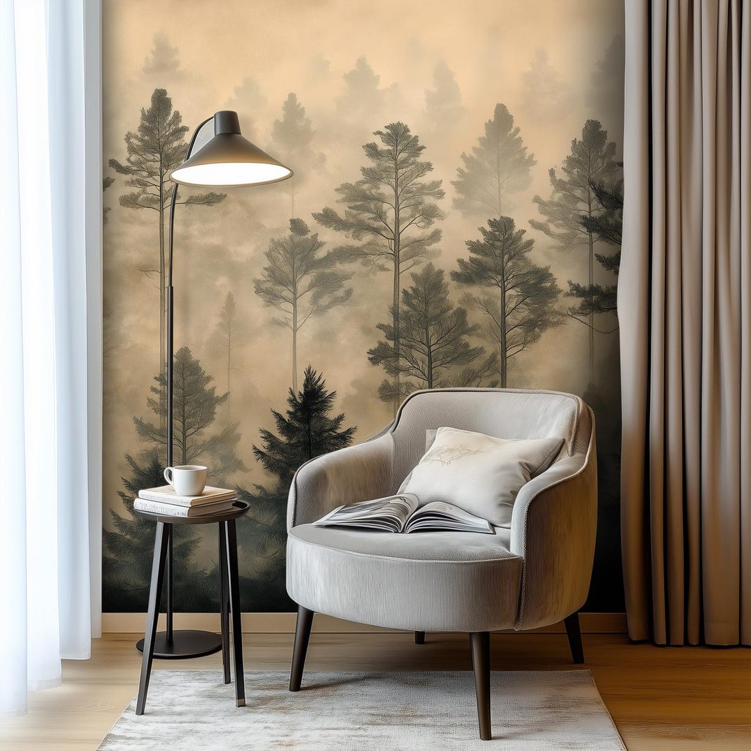 Misty Forest Wall Mural: Neutral Pine Landscape for Reading Nook ...