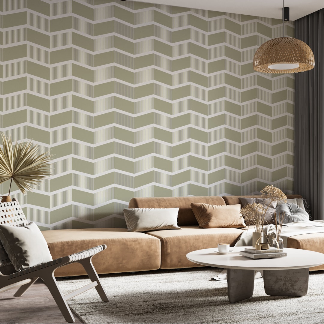 Sage Green Geometric Wallpaper: Modern Chevron Wall Mural, Scandinavian ...