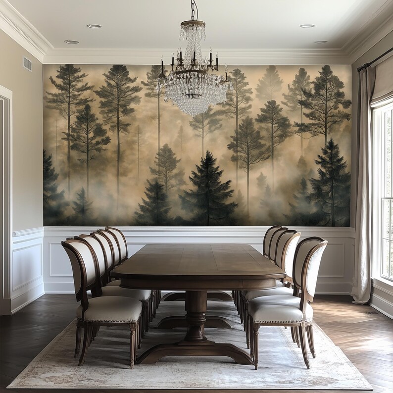Misty Forest Wall Mural: Neutral Pine Landscape for Reading Nook ...