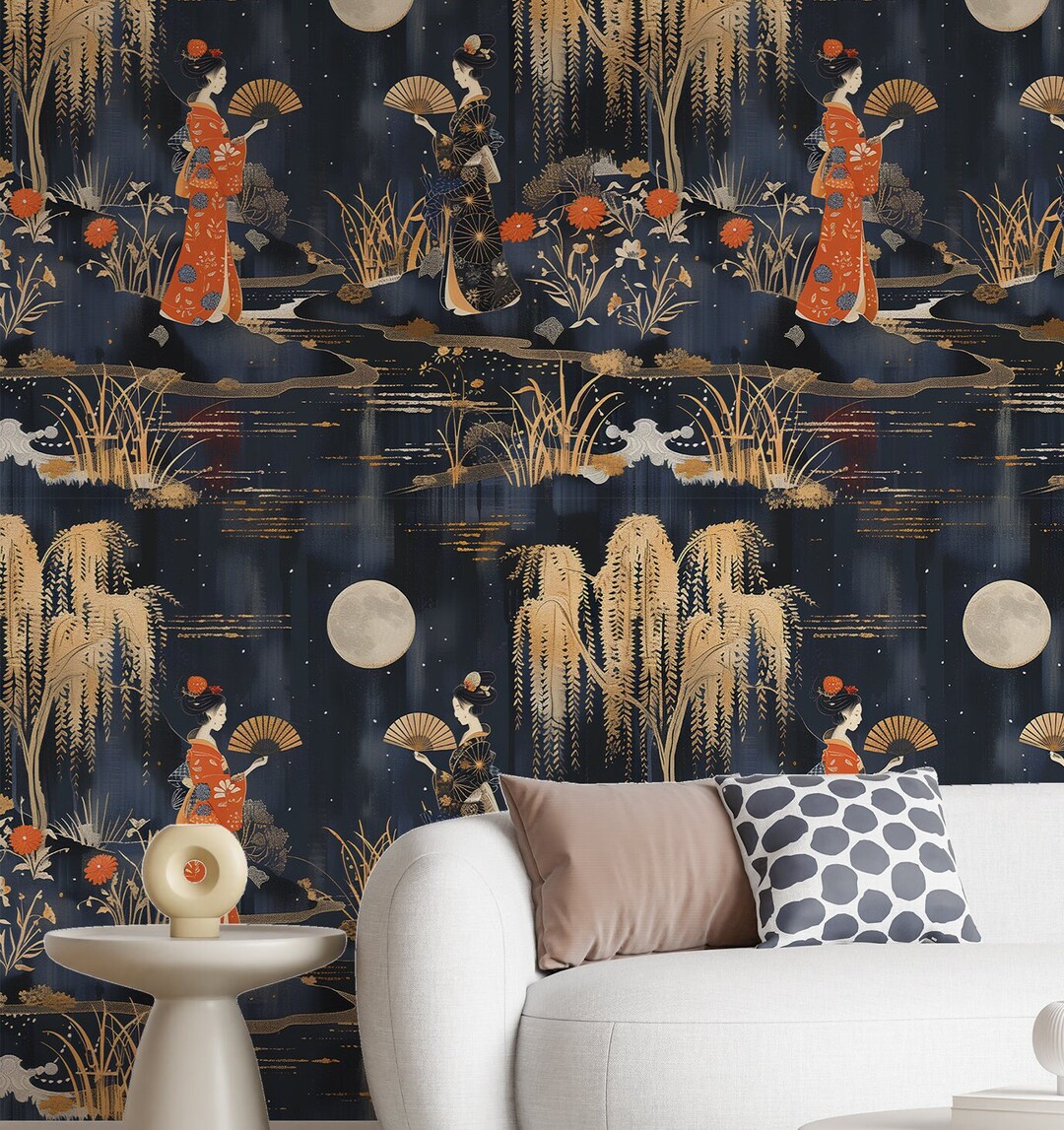 Navy Blue Chinoiserie Geisha Wallpaper: Asian Inspired Wall Art - Etsy