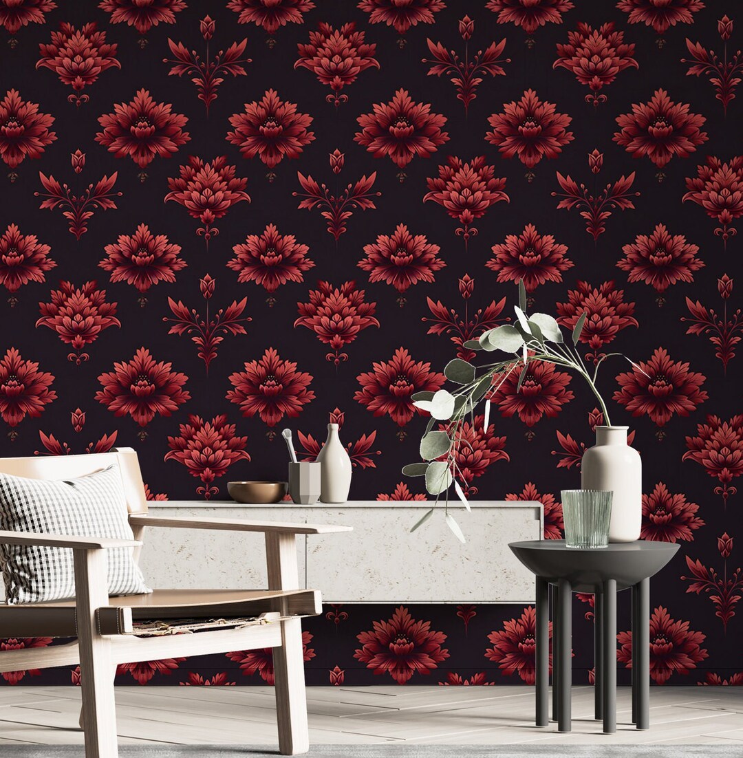 Dark Red Stick and Peel Wallpaper, Vintage Floral Removable Wallpaper ...