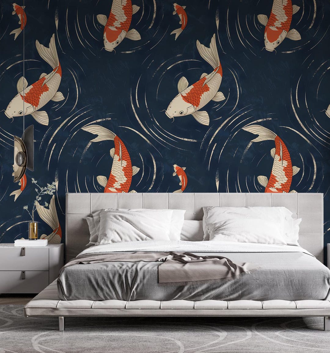Chinoiserie Mural Wallpaper, Koi Fish Peel and Stick, Dark Blue ...